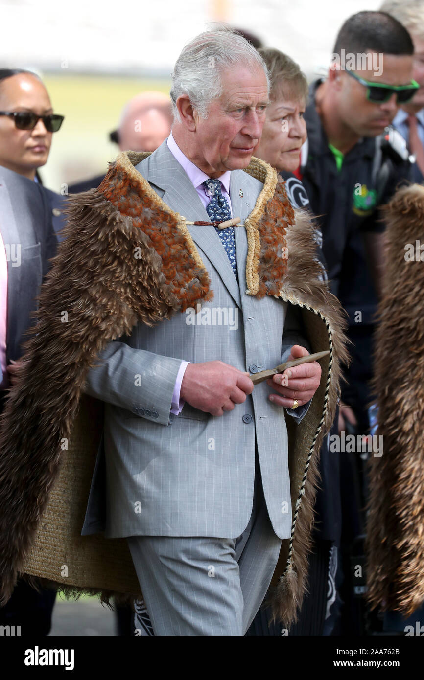 The Prince of Wales wearing a Maori cloak whilst watching a powhiri, a ...