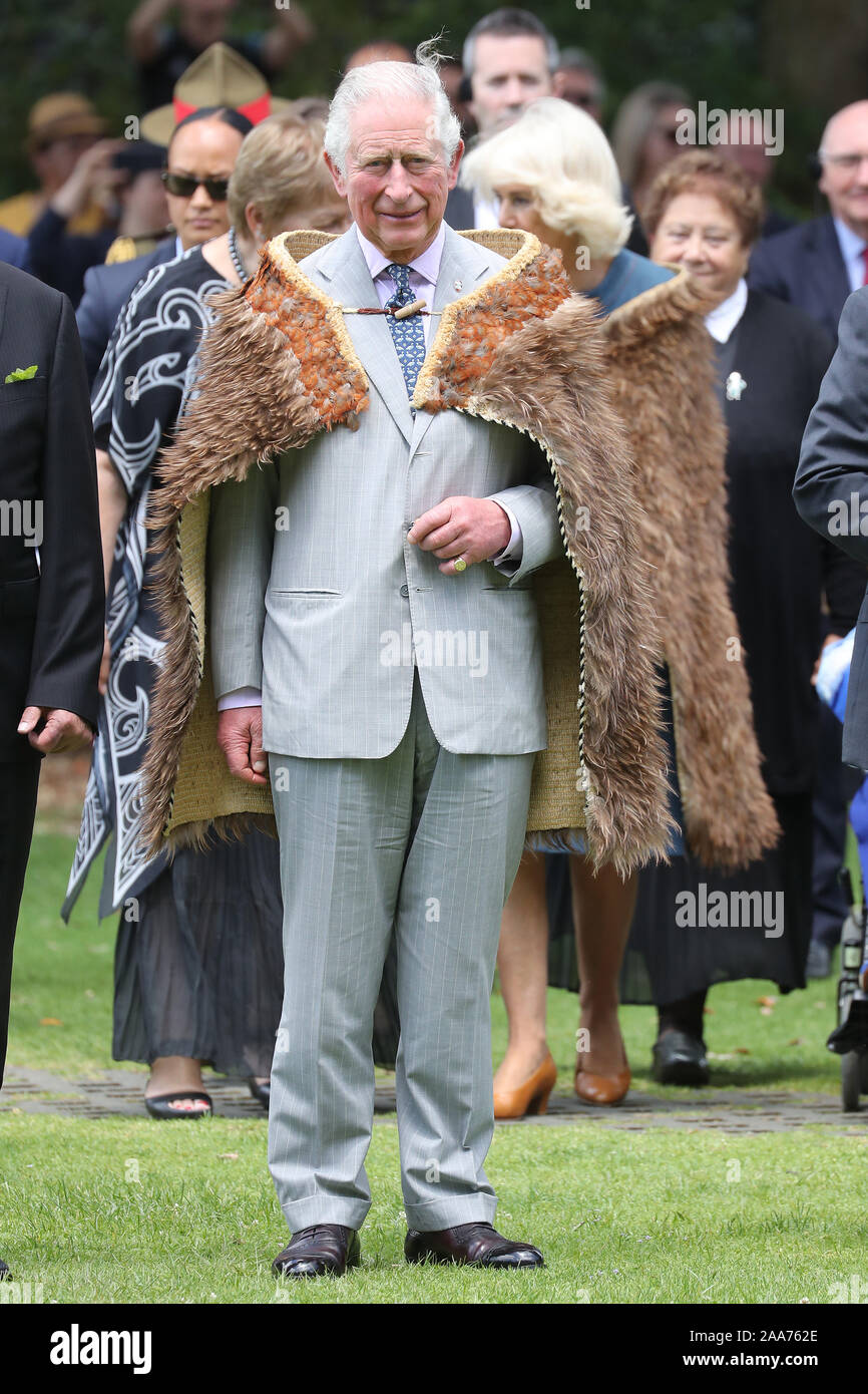 The Prince of Wales wearing a Maori cloak whilst watching a powhiri, a ...