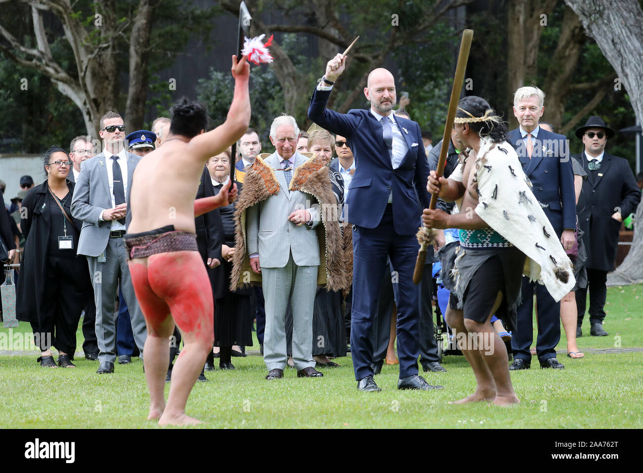 The Prince of Wales wearing a Maori cloak whilst watching a powhiri, a ...
