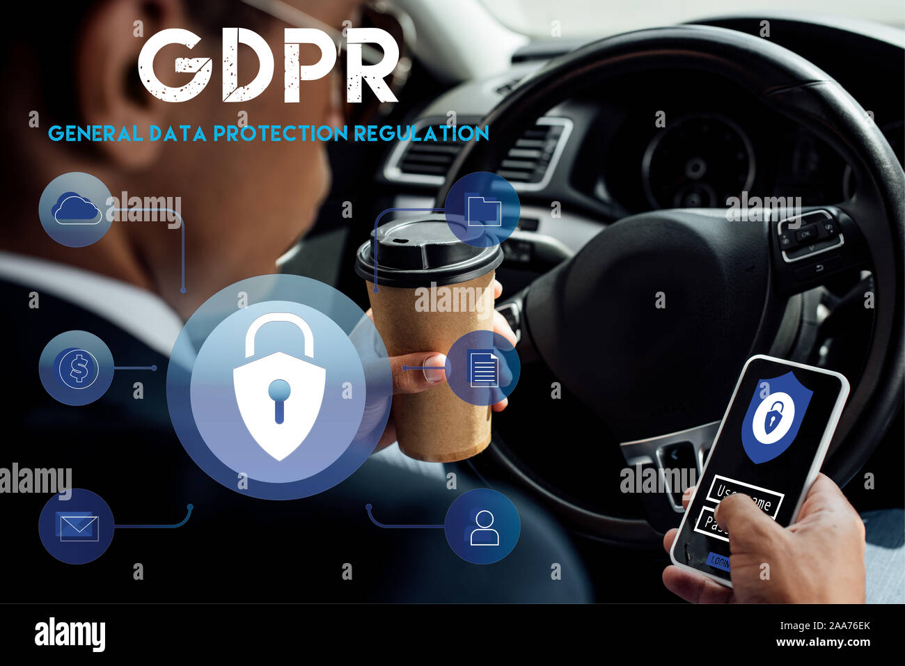 back view of african american businessman using smartphone with gdpr ...