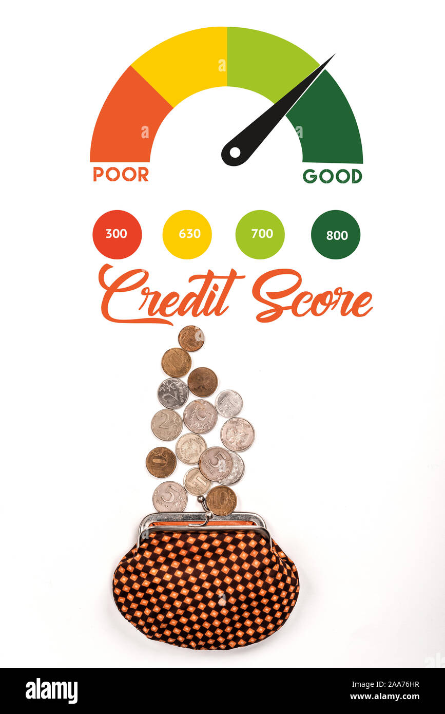 top view of plaid purse near scattered coins on white background with ...