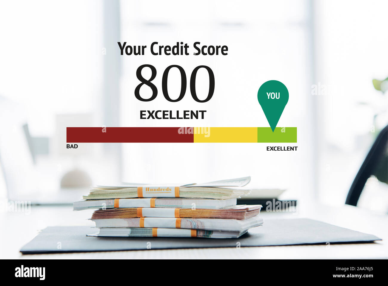 dollar banknotes on table in office with credit score illustration ...