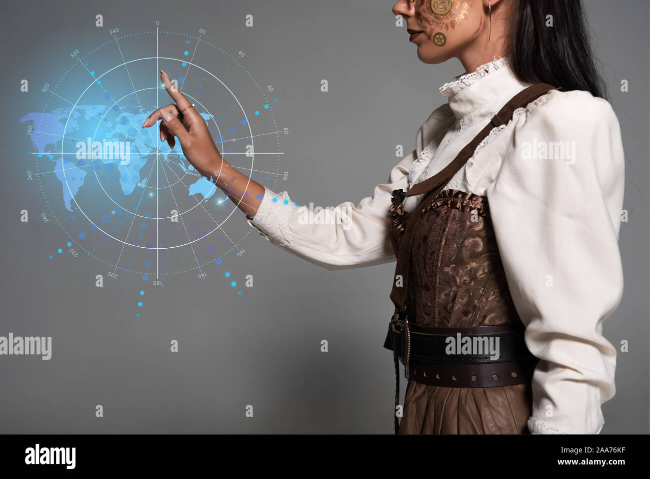cropped view of steampunk young woman pointing with finger at digital ...
