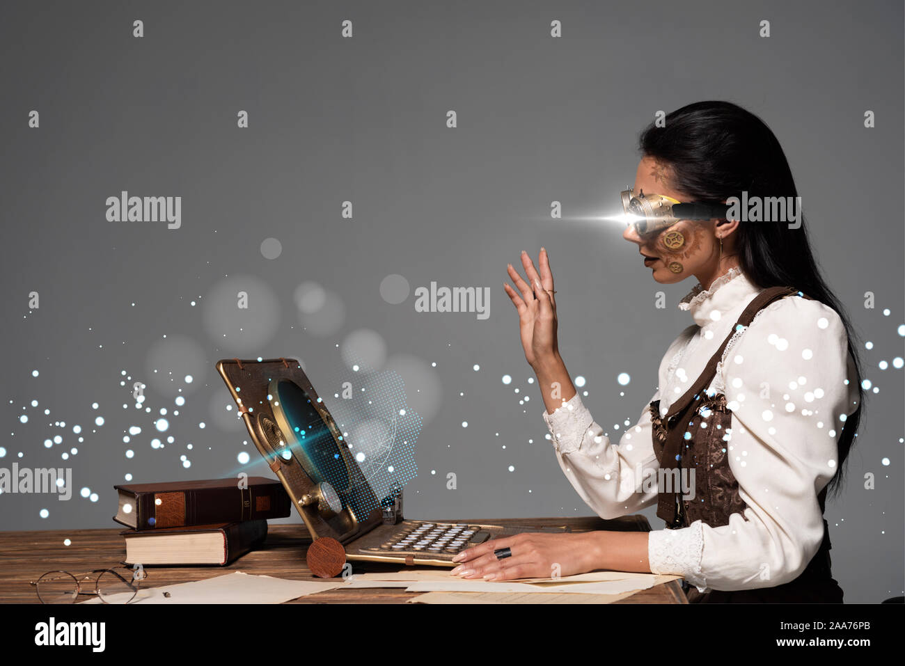 steampunk woman in goggles waving hand during video chat with glowing ...