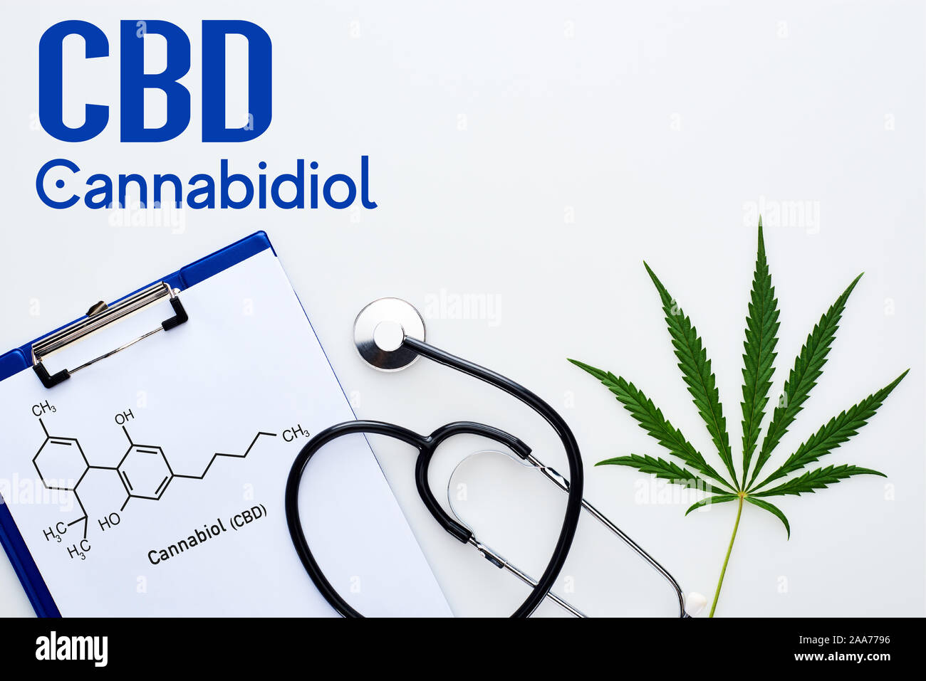top view of medical cannabis leaf, clipboard with cbd molecule ...