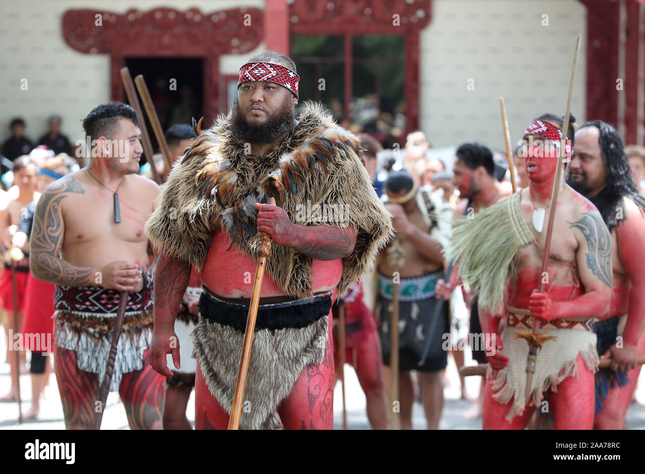 Participants for the Powhiri, a Maori welcoming ceremony, wait for the ...