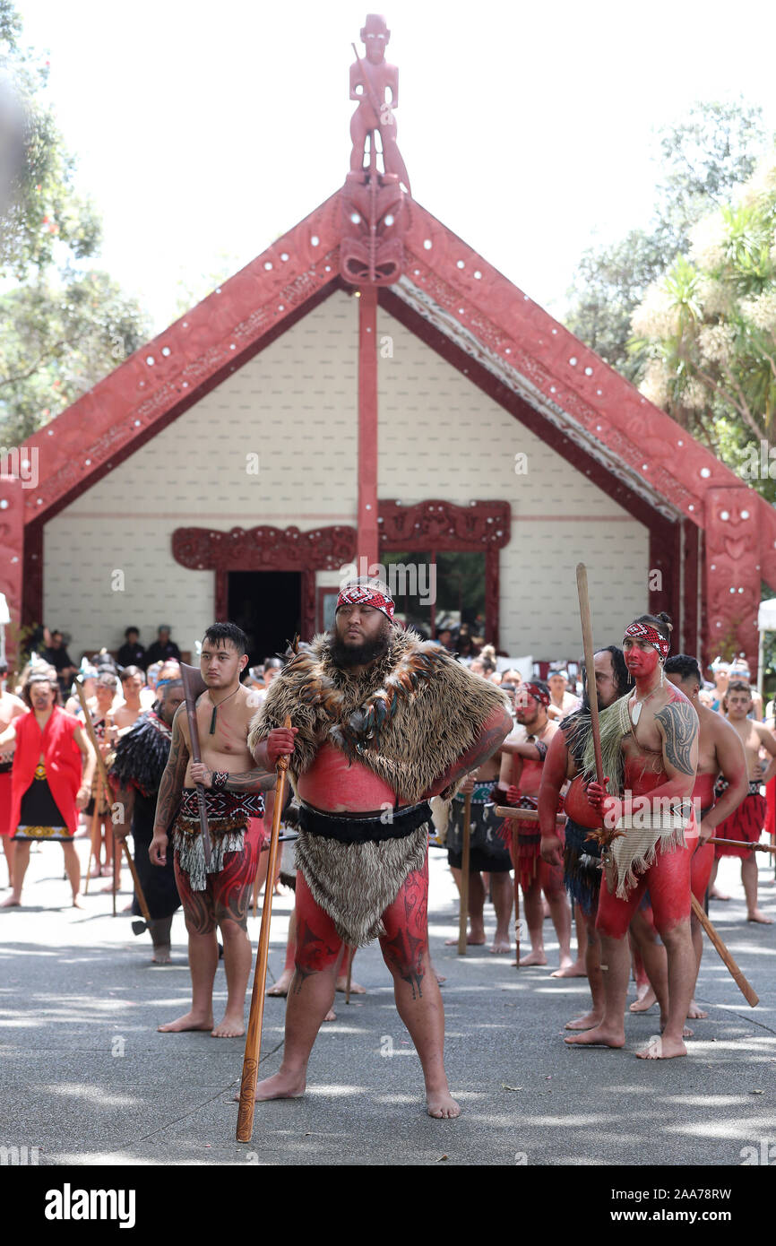 Participants for the Powhiri, a Maori welcoming ceremony, wait for the ...