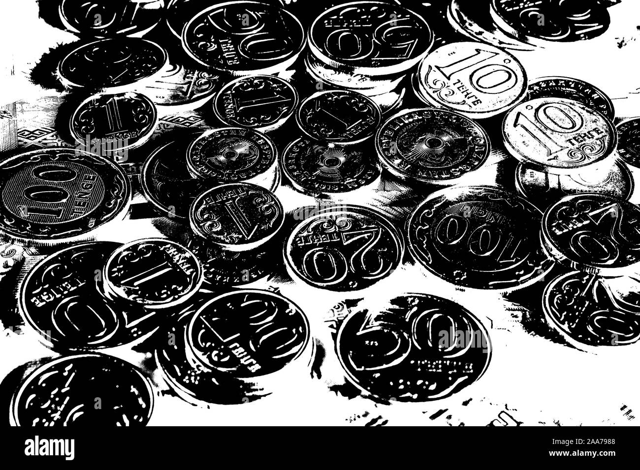 Tenge on a blue background with coins. Tenge banknotes. Coins Of ...