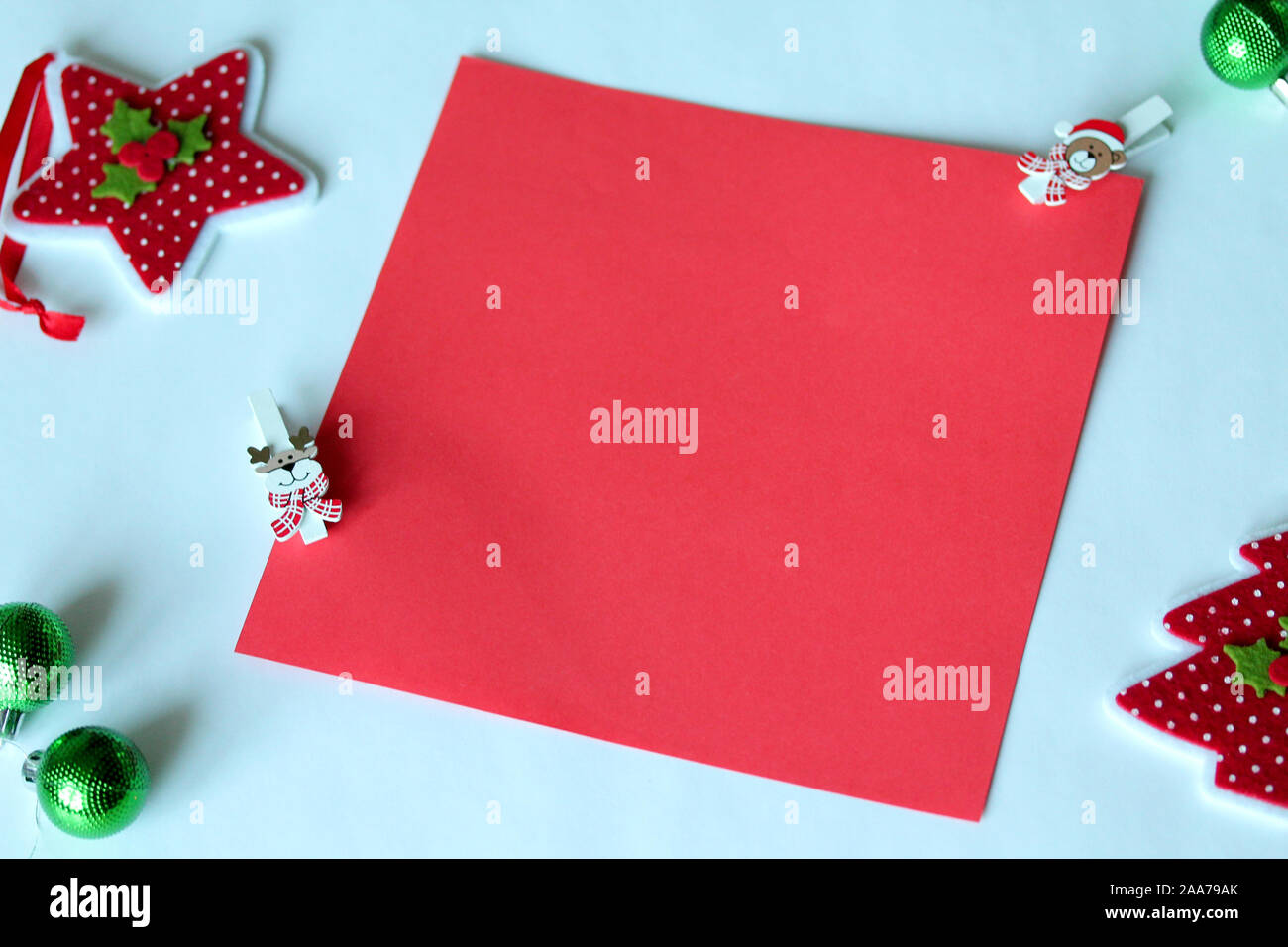 New Year and Christmas flat lay background with blank red square sheet ...
