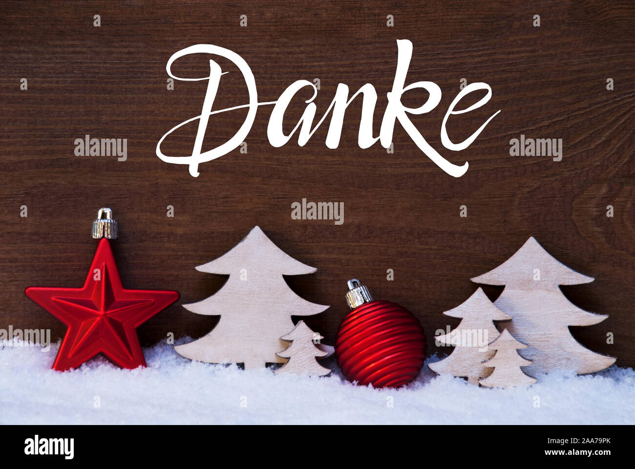 Christmas Tree, Snow, Red Ball, Danke Means Thank You Stock Photo - Alamy