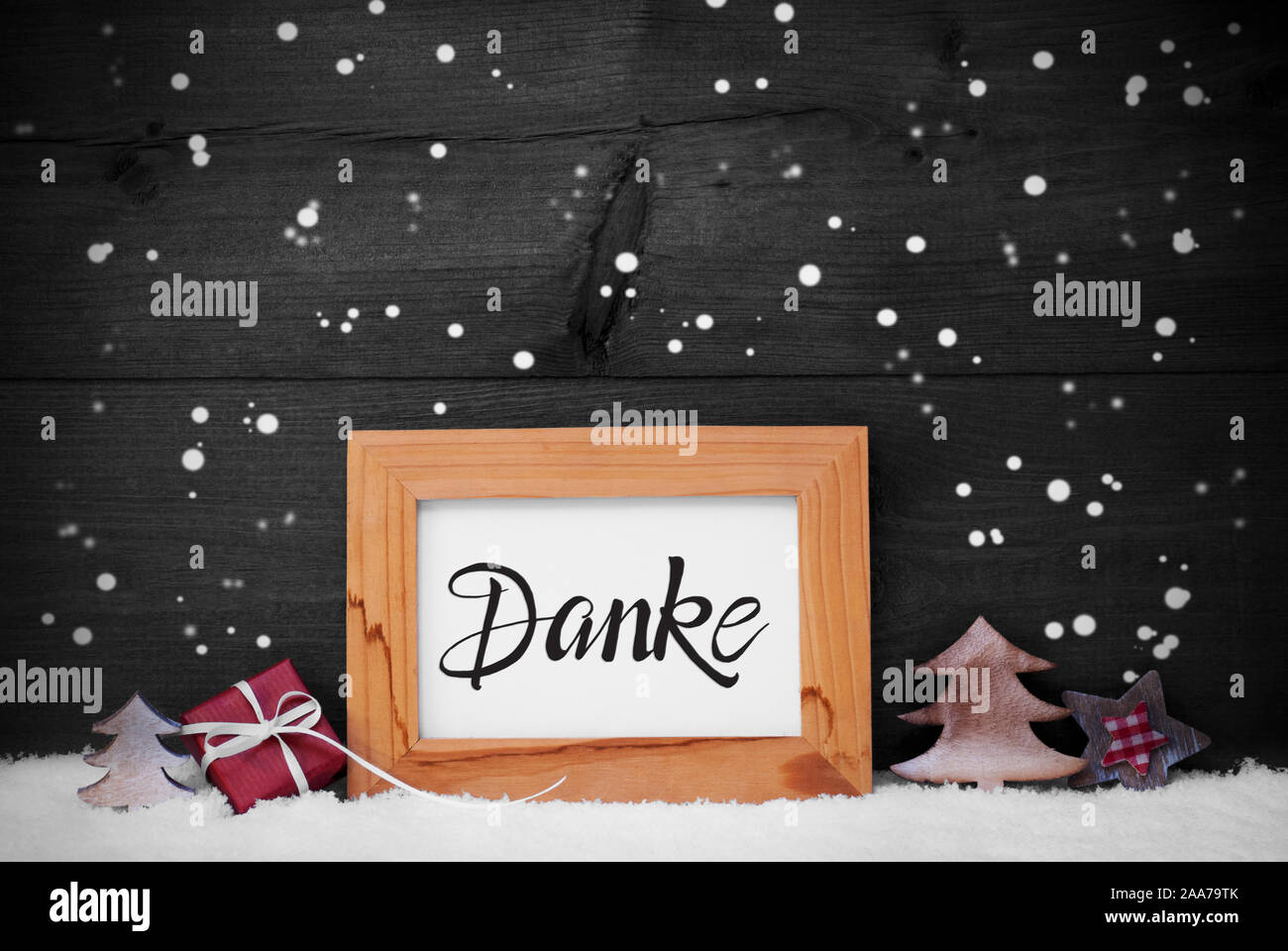 Frame, Gift, Tree, Snow, Snowflakes, Danke Means Thank You Stock Photo ...