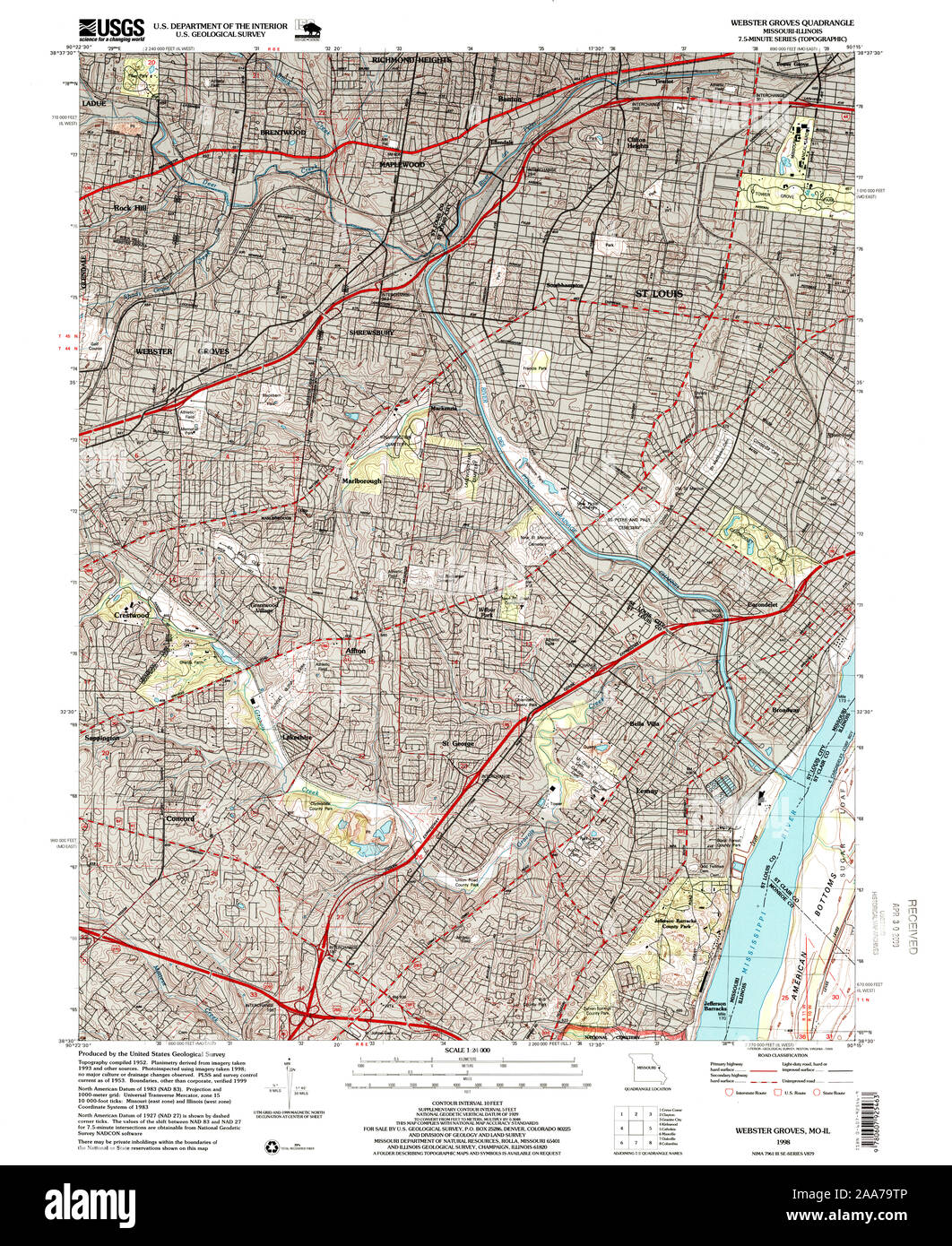USGS TOPO Map Missouri MO Webster Groves 324475 1998 24000 Restoration ...