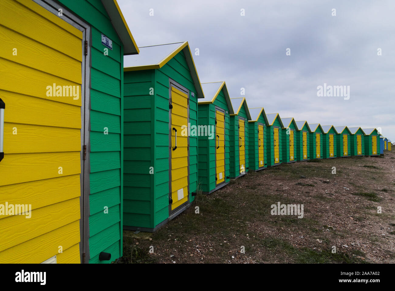Plastic beach huts on West Beach in Littlehampton West Sussex in Autumn ...
