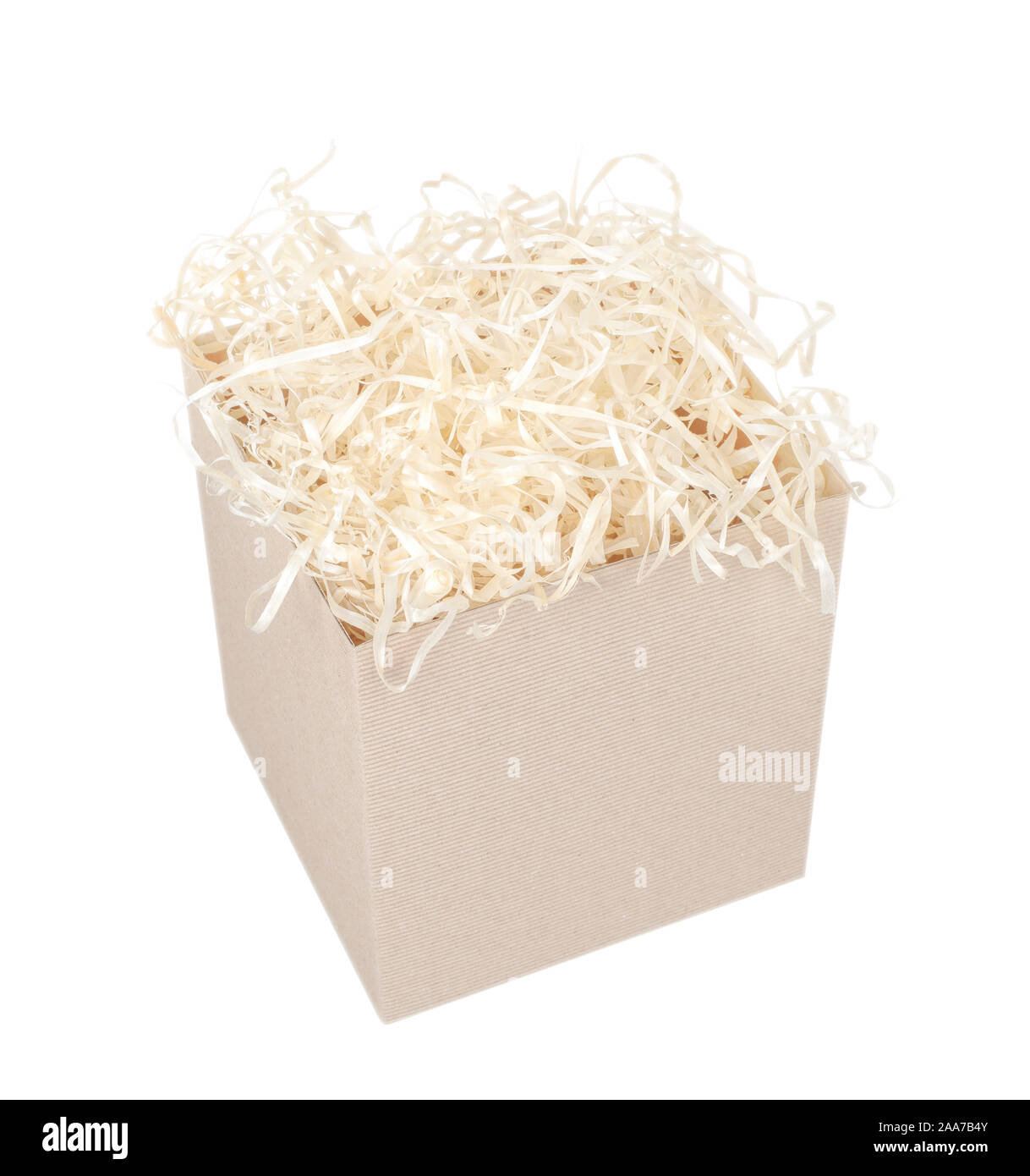 Cardboard box for eco gift filled with decorative shredded white paper ...