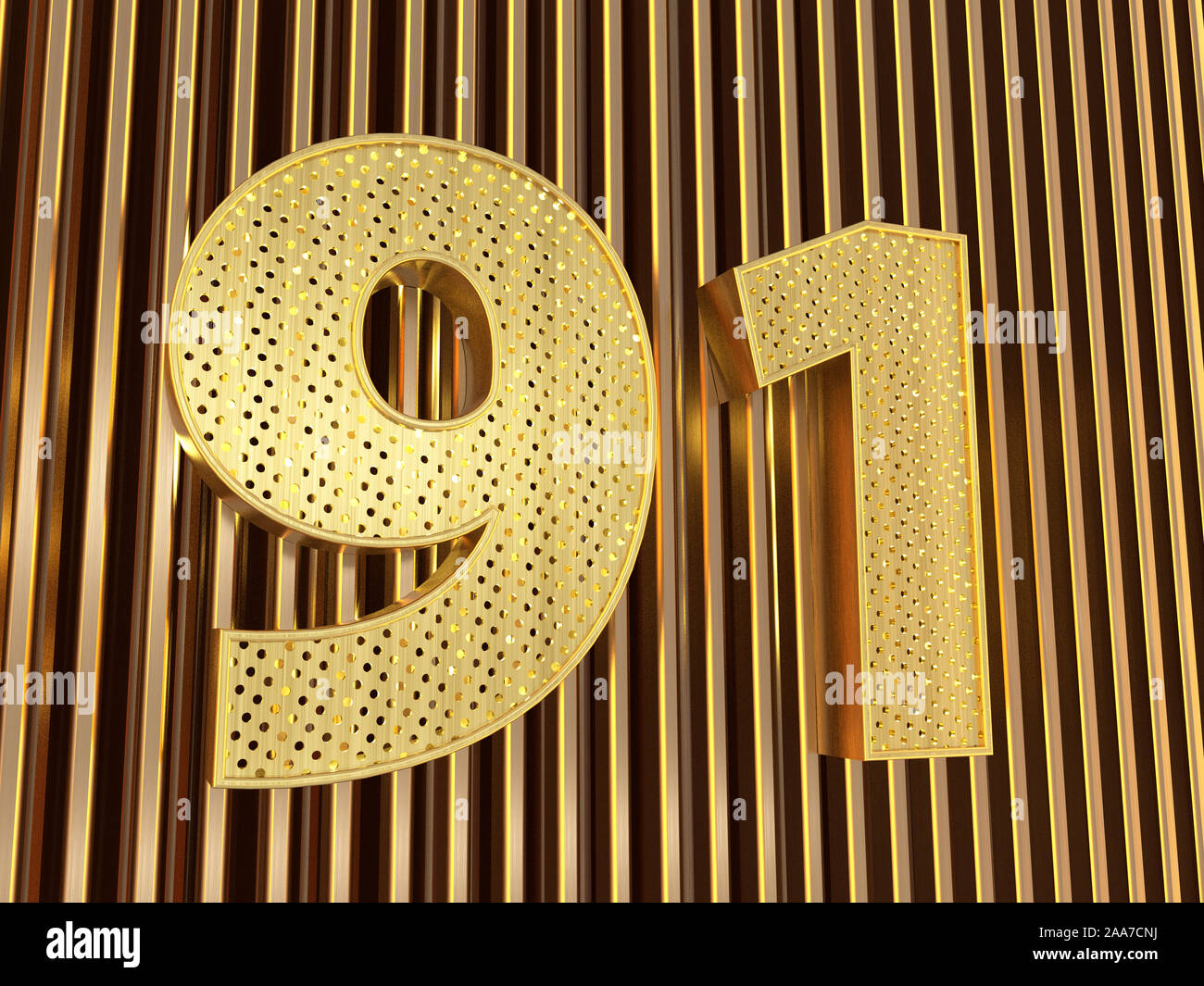 number 91 (number ninety-one) perforated with small holes on the metal background. 3D ...