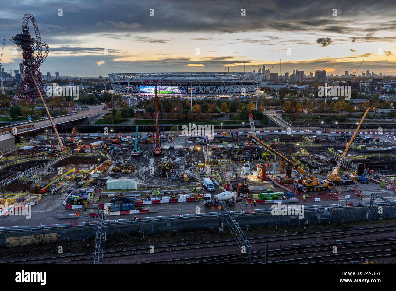 London, England, UK - November 4, 2019: Builders pour concrete at a ...