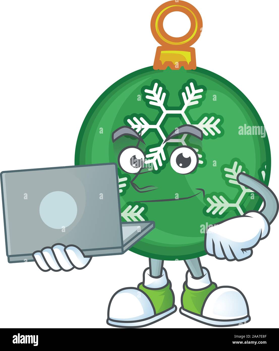 Cartoon green christmas ball with character with bring laptop Stock ...