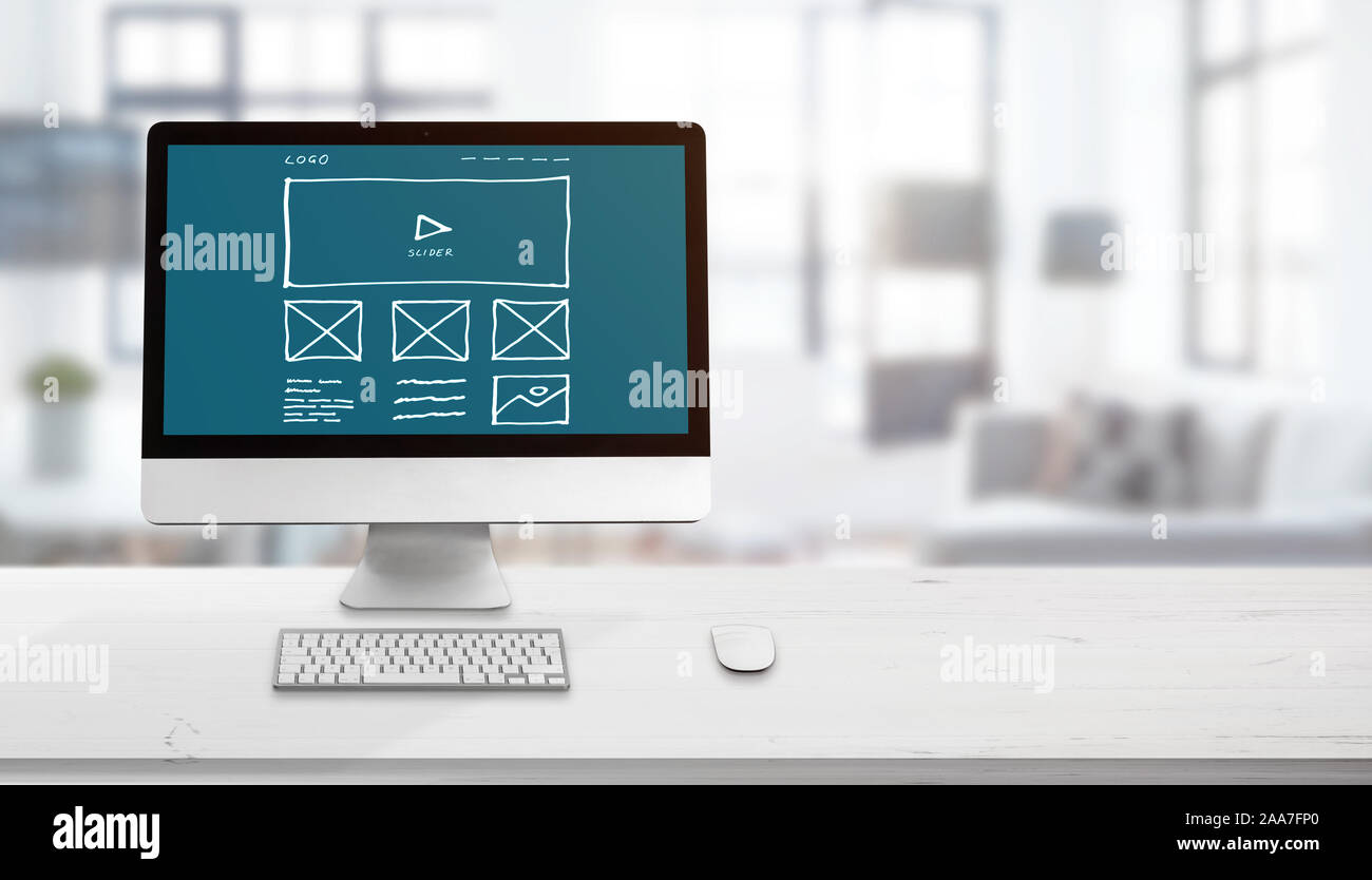 Web site sketch on computer display. Concept of web design studio. Copy ...