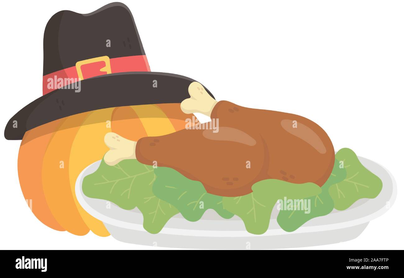 happy thanksgiving day baked turkey pumpkin with hat vector ...