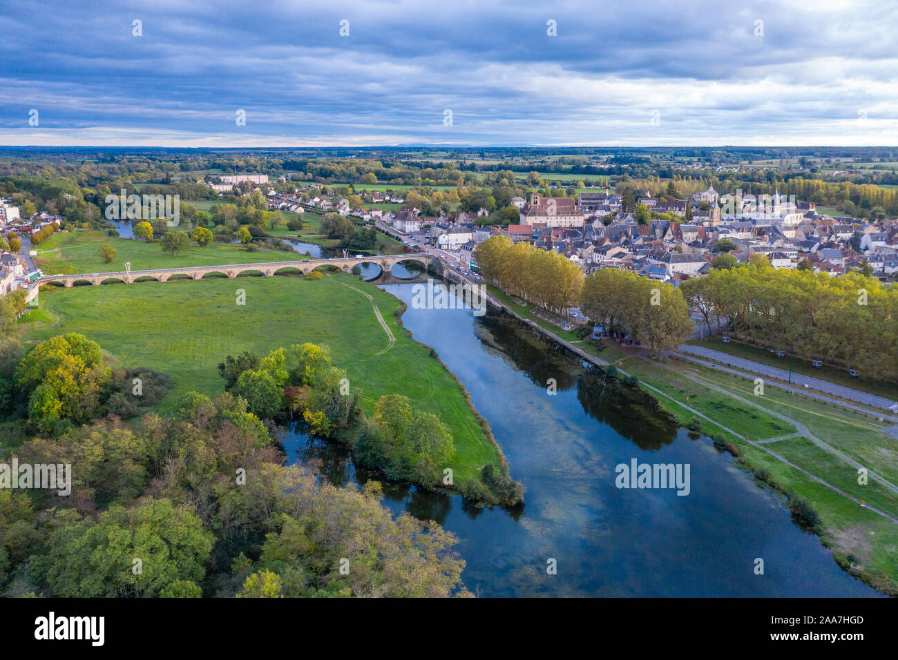 France, Nievre, Decize, city and bridge over the Old Loire river ...