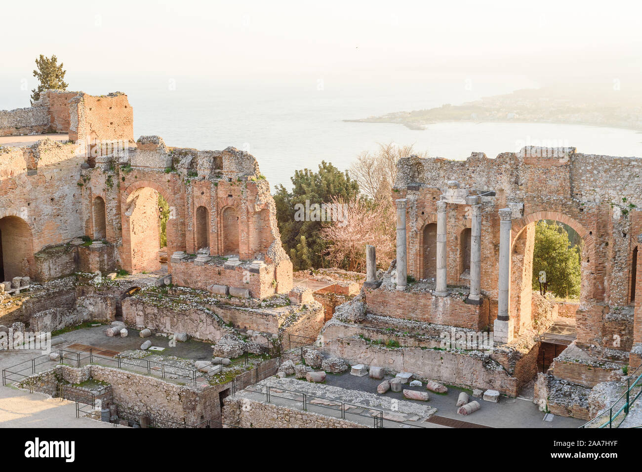 View of some columns and one arch in the scene of the greek theater in ...