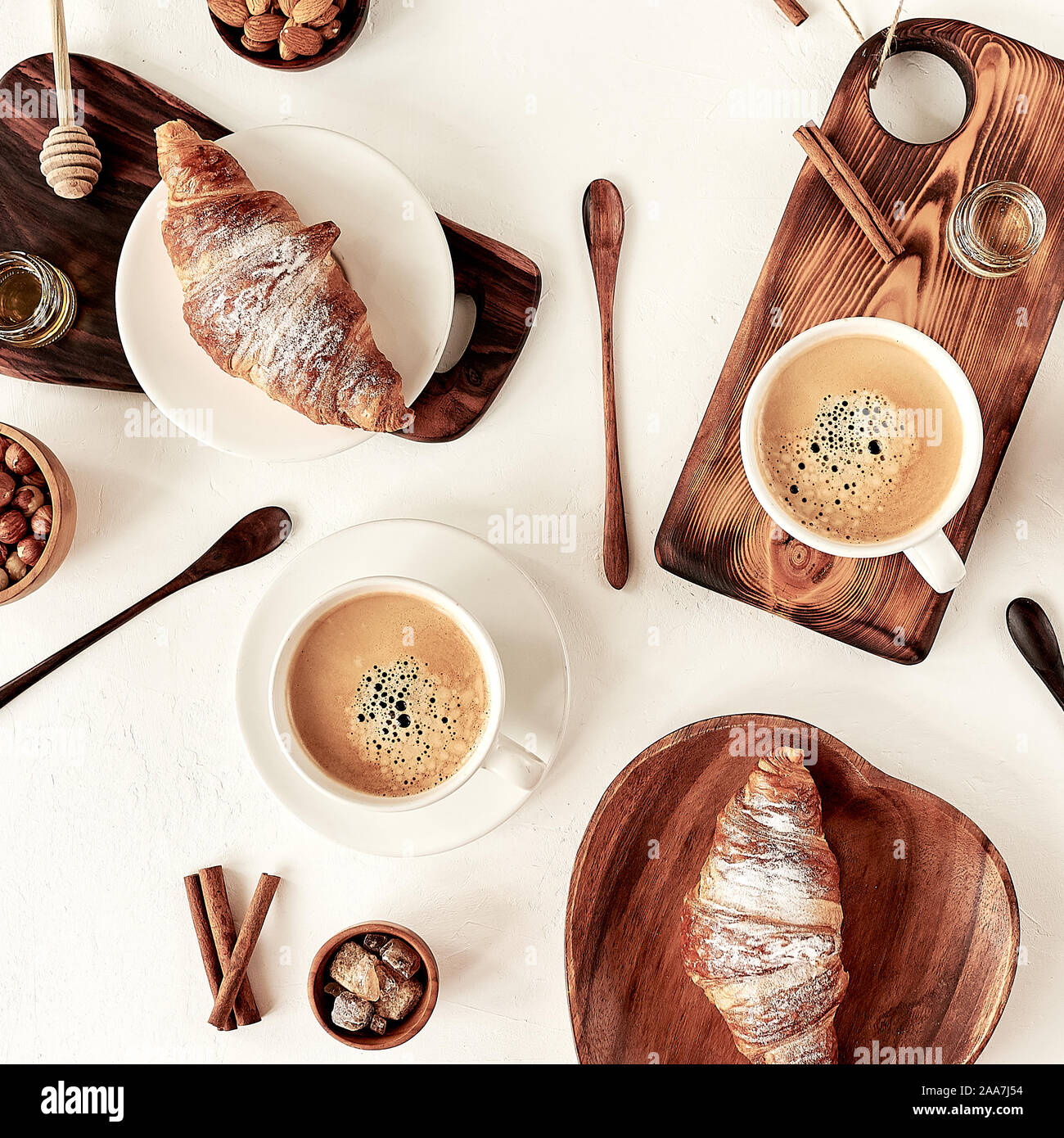 breakfast pattern, croissant, coffee, honey, cinnamon sticks, nuts ...