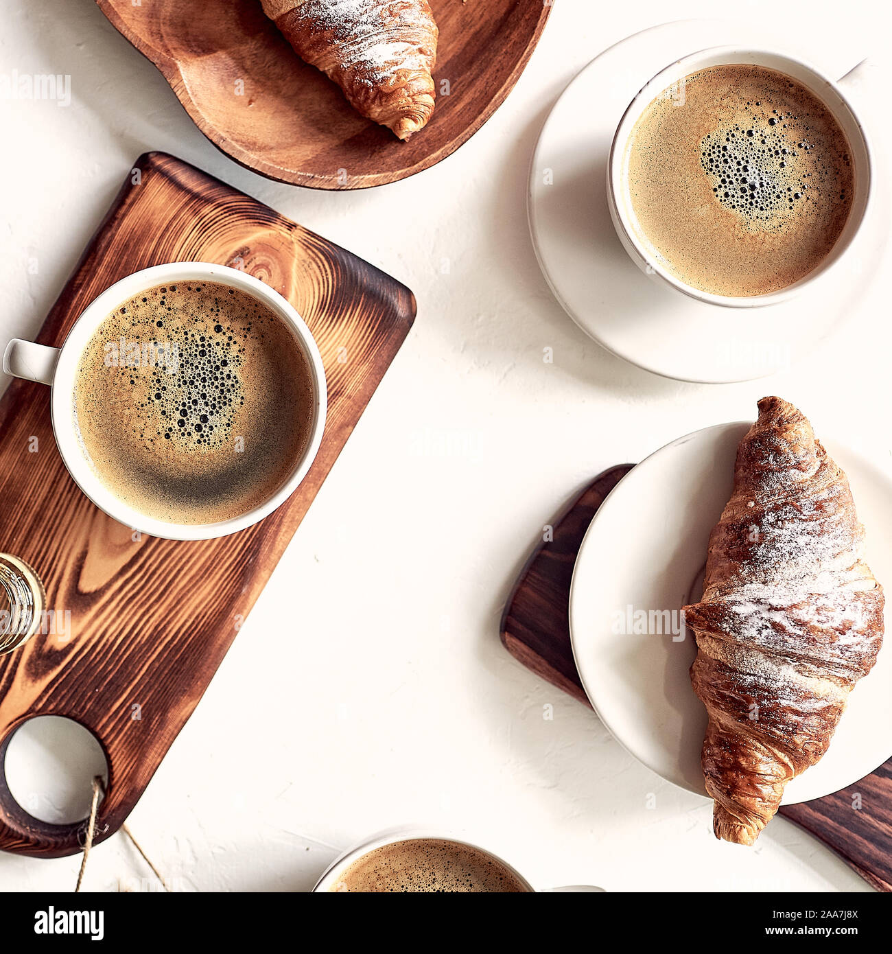 European breakfast, top view, coffee, croissants honey good morning ...