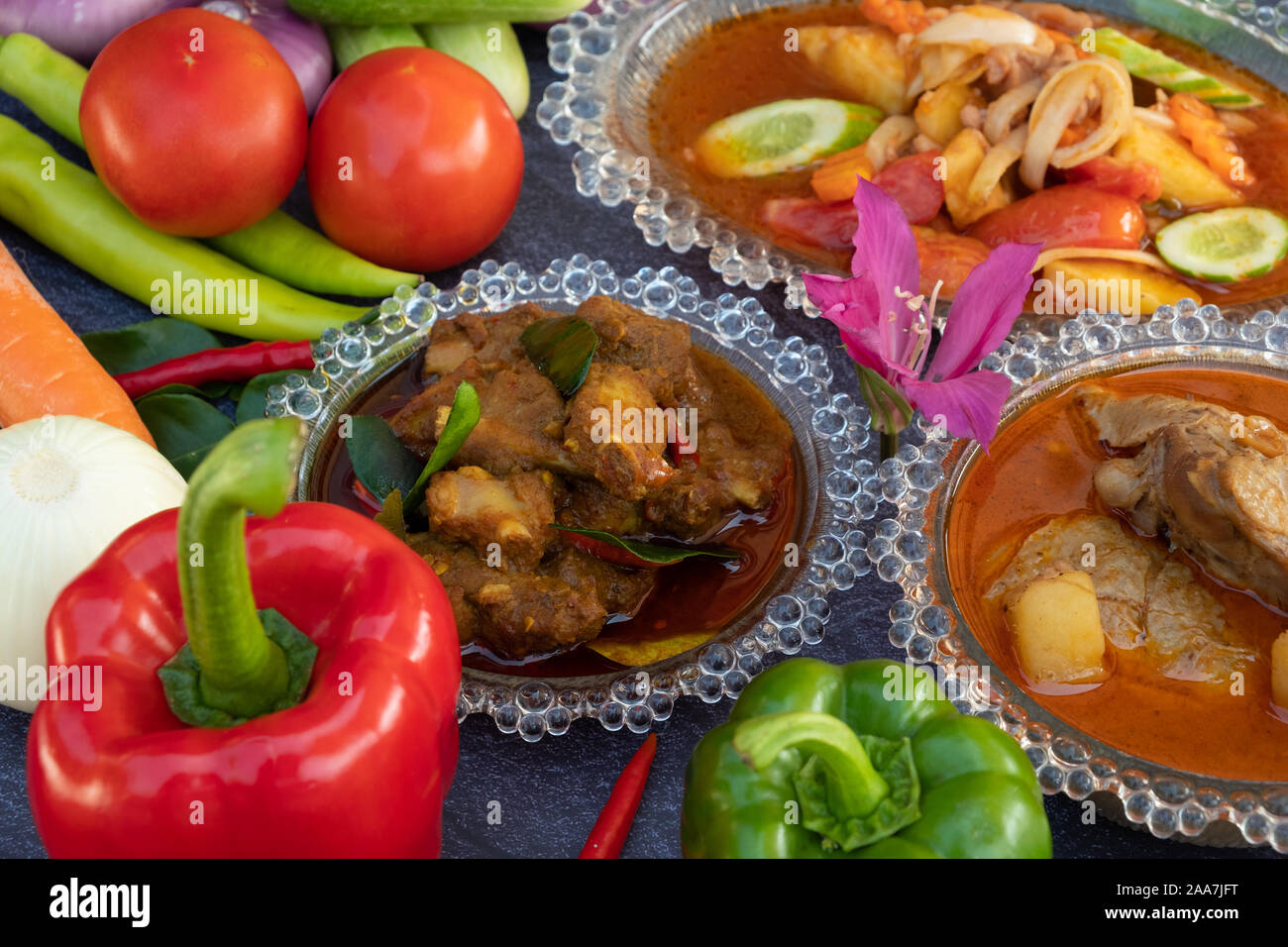 Asian food such as Thai red curry top view with copy space.Vegetables ...