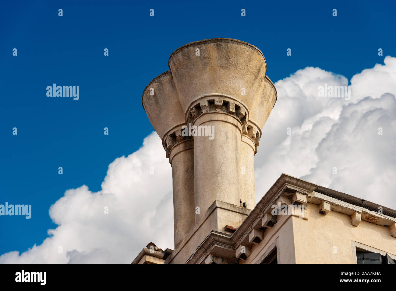 Venice, close-up of an ancient chimney on the roof of a house, UNESCO ...