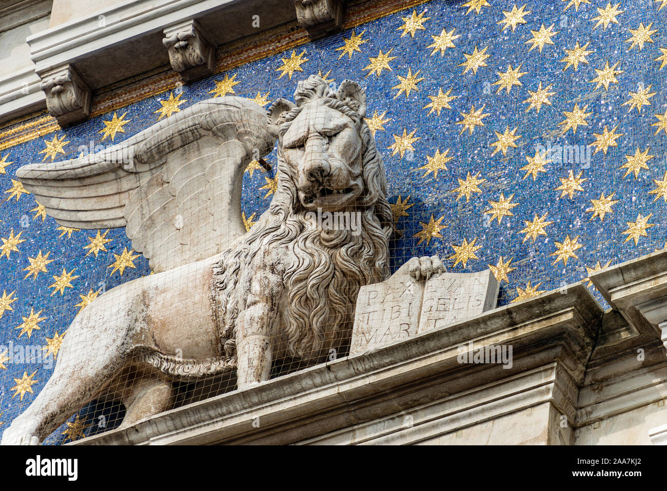 Venice, close up of the marble winged lion of St Mark, symbol of the ...