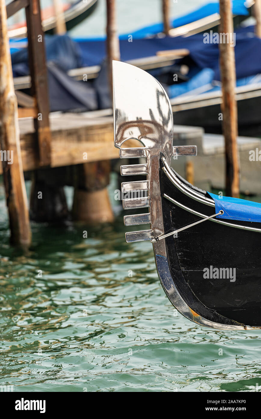 Venice, detail of a prow of gondola, typical Venetian rowboat, Canal ...