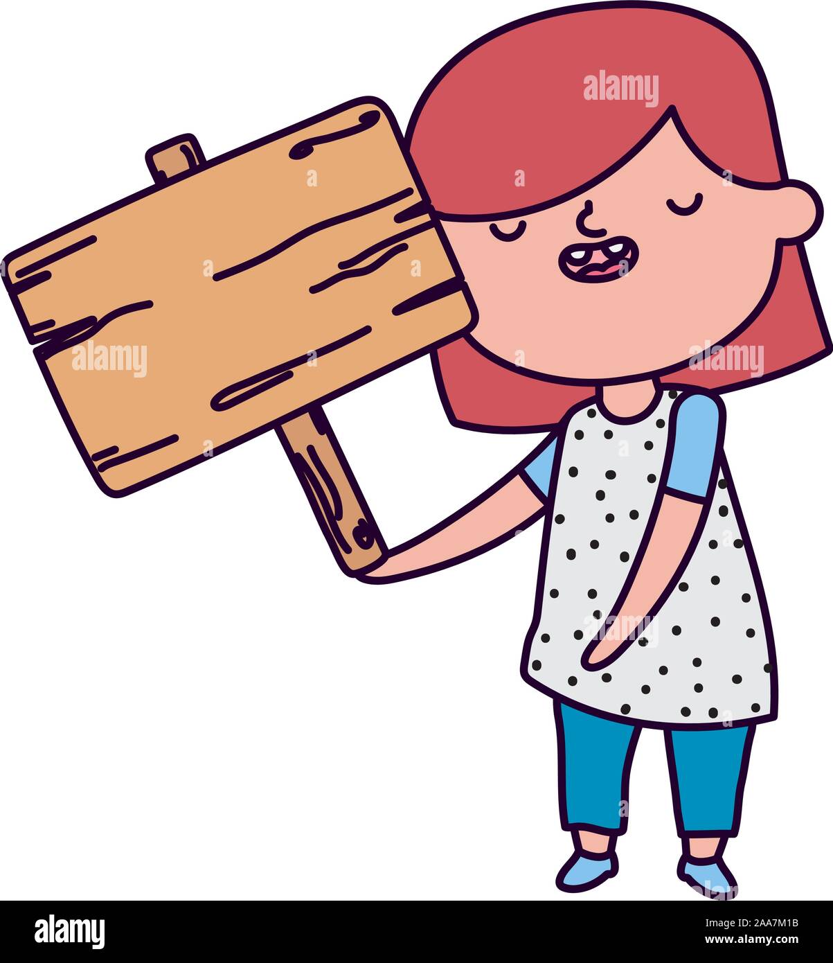 cute girl with wooden sign on white background vector illustration ...
