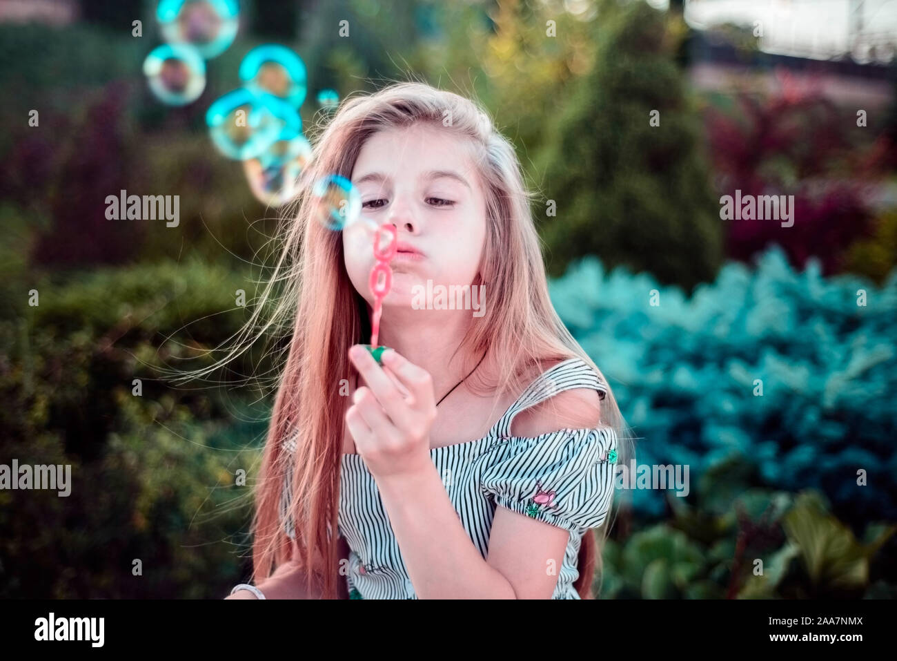 Portrait of a beautiful little girl blowing soap bubbles. A child plays ...