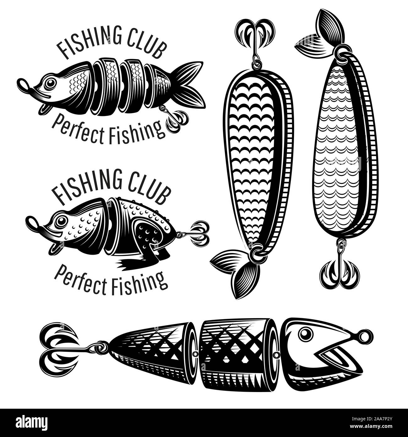 Bait fishes and frog on white in engraving style. Label for fishing or ...