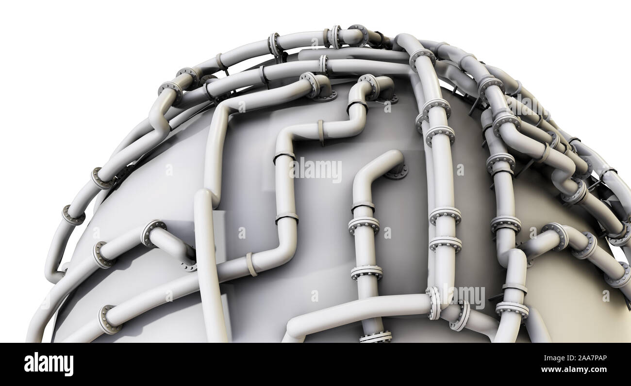 The white sphere is wrapped in a pipeline. 3D illustration. Industry ...