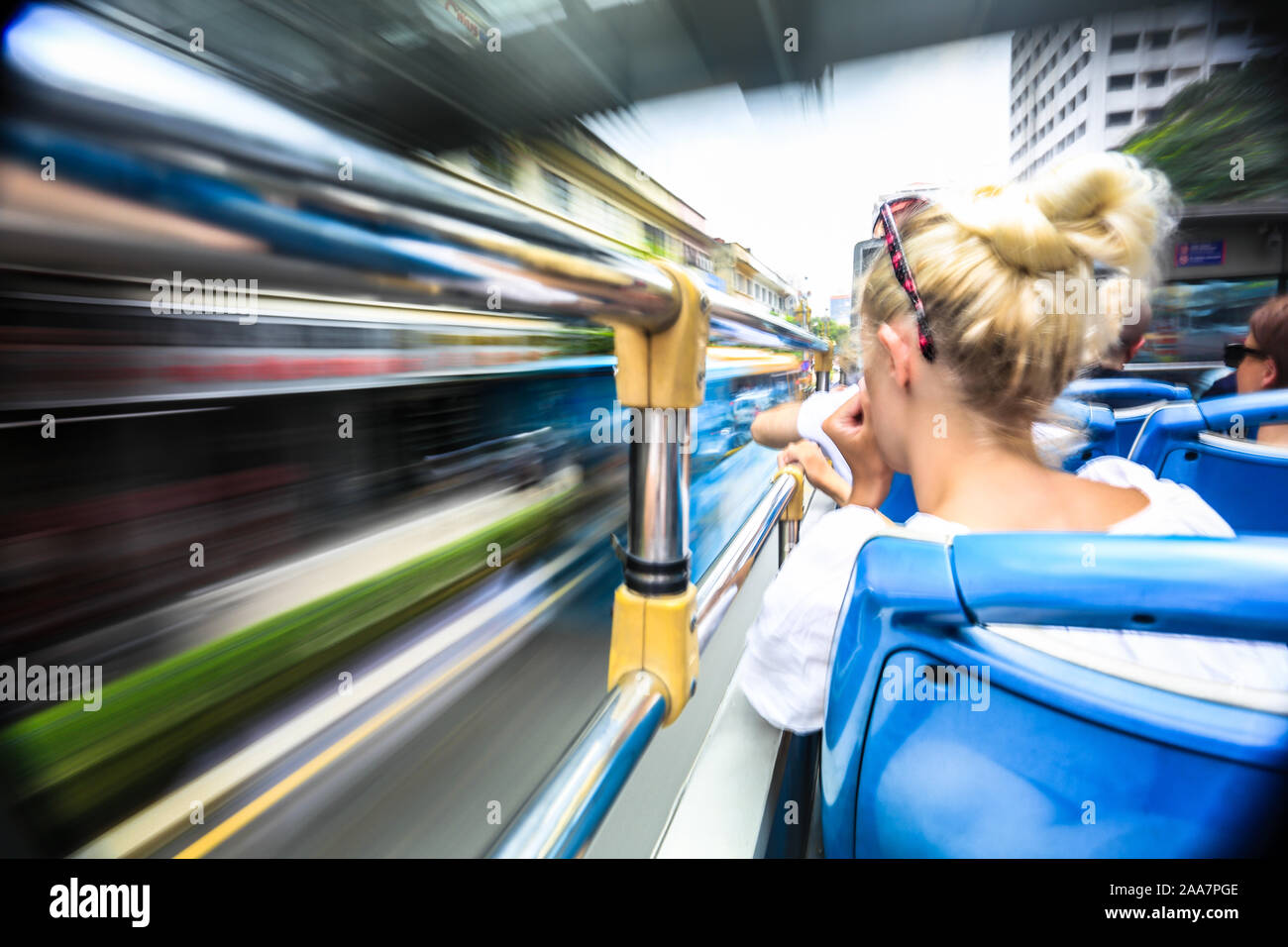 Open bus top view of tourist activity on double decker bus and motion ...