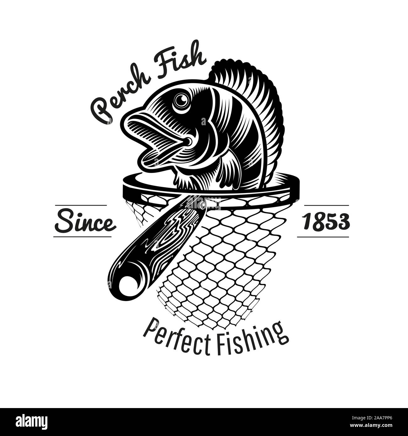Perch head from landing net in engraving style. Label for fishing or ...