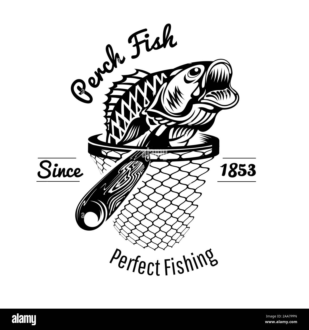 Perch head up from landing net in engraving style. Label for fishing or ...