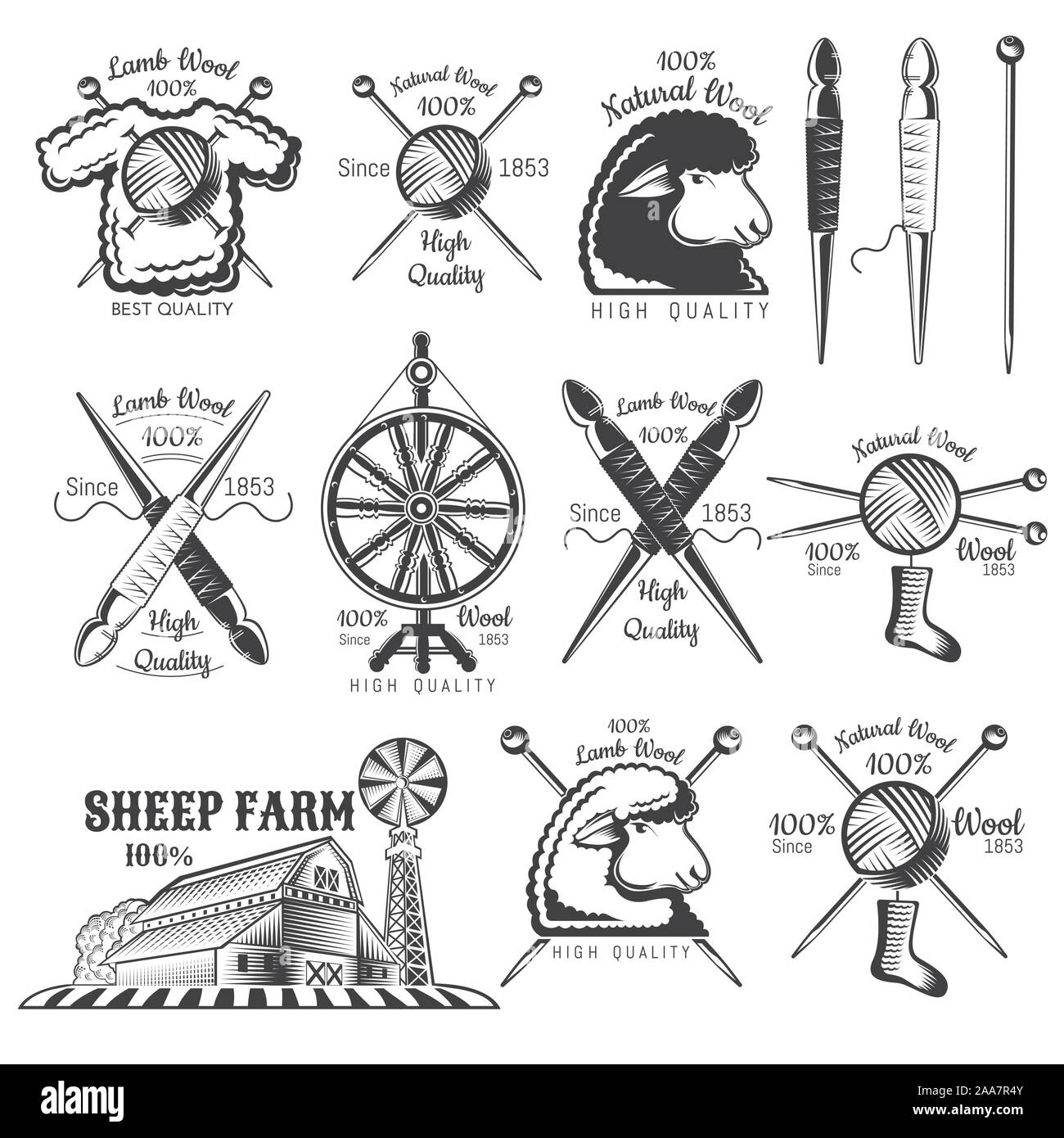 Set of labels wool sheep farm. Logo for knitted craft related site or ...