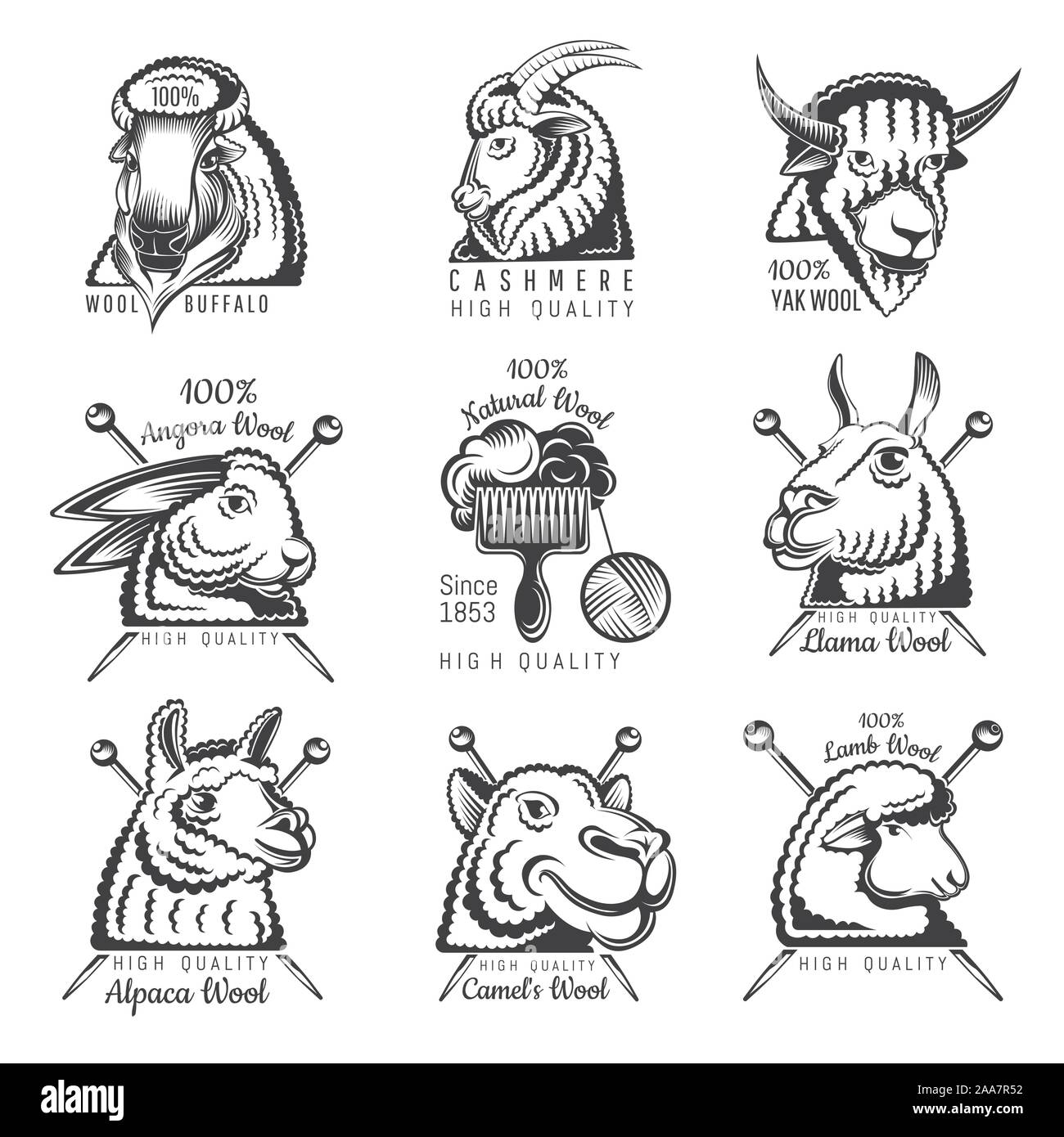 Set of head wool animals, yak, goat, rabbit, camel, lama, alpaca, sheep ...