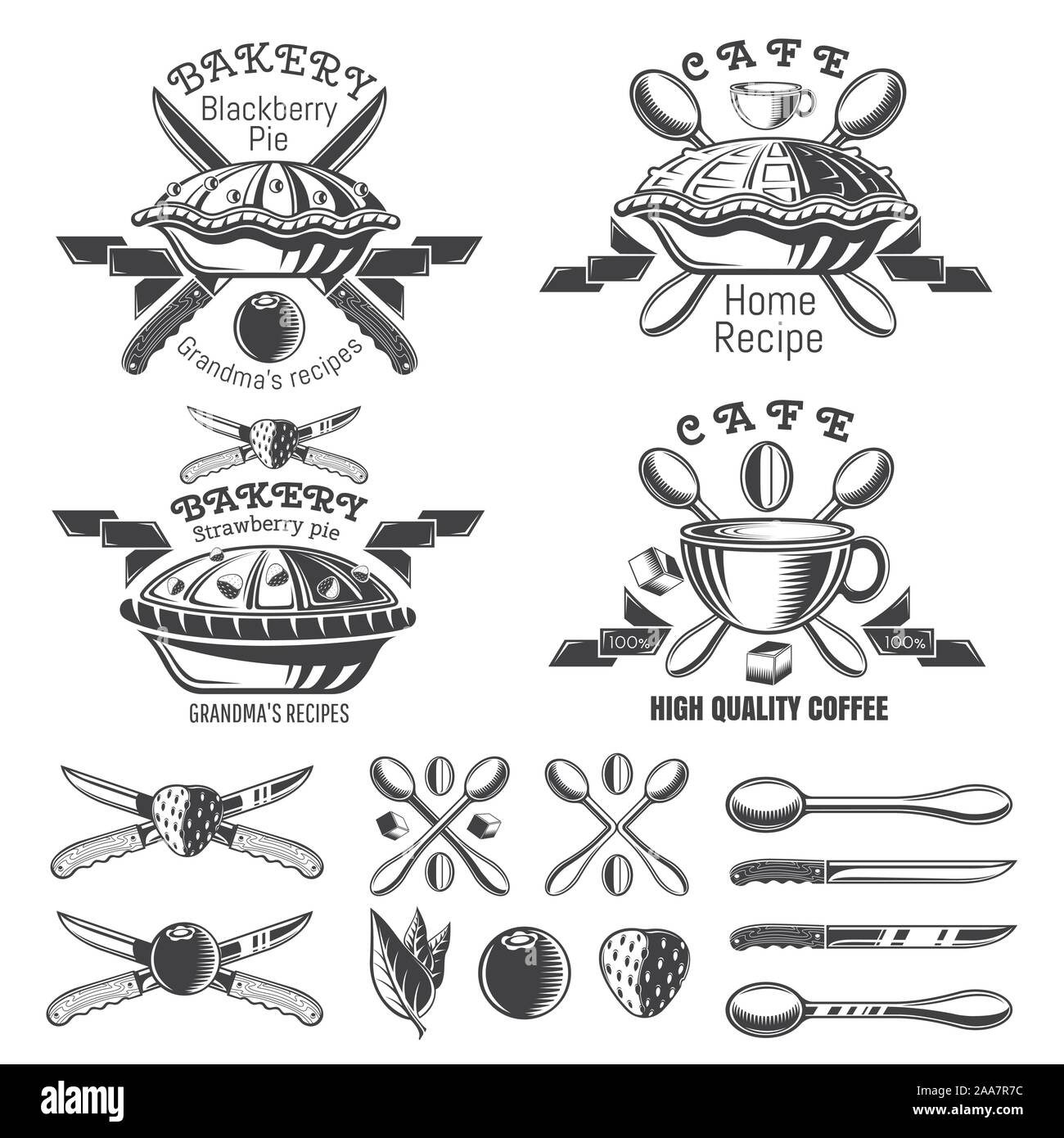 Set of different pies with ribbons. Logo and design elements for bakery ...