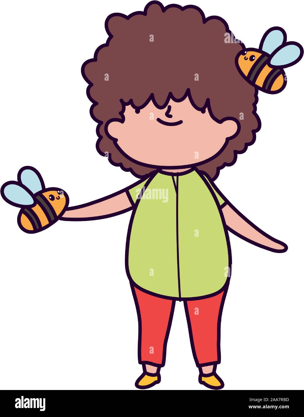 cute little boy with bees flying on white background vector ...