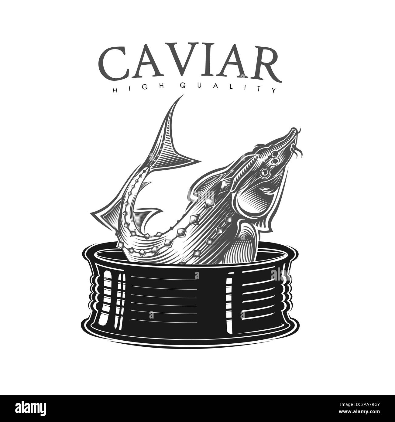 Sturgeon fish head and tail from can in engraving style. Logo for ...