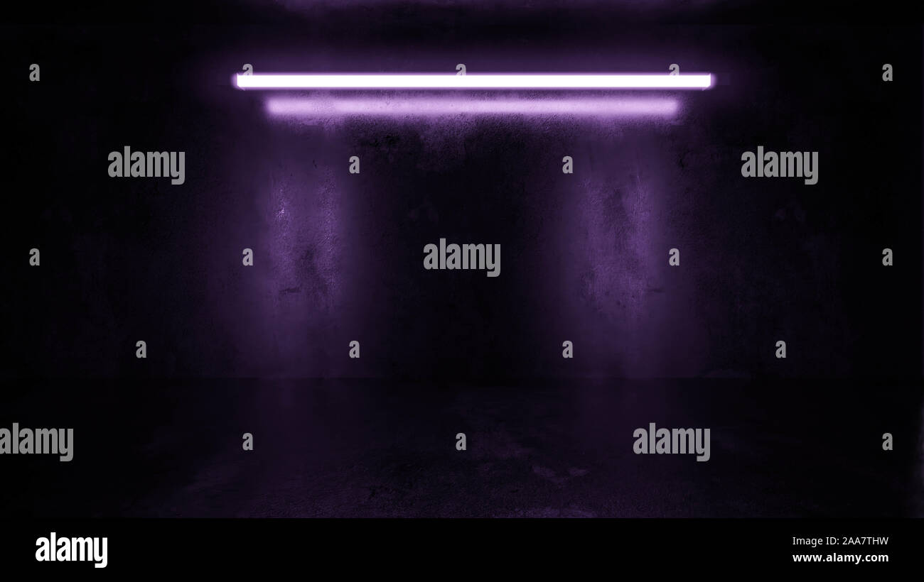 dark underground industrial grunge basement room with violet neon light ...