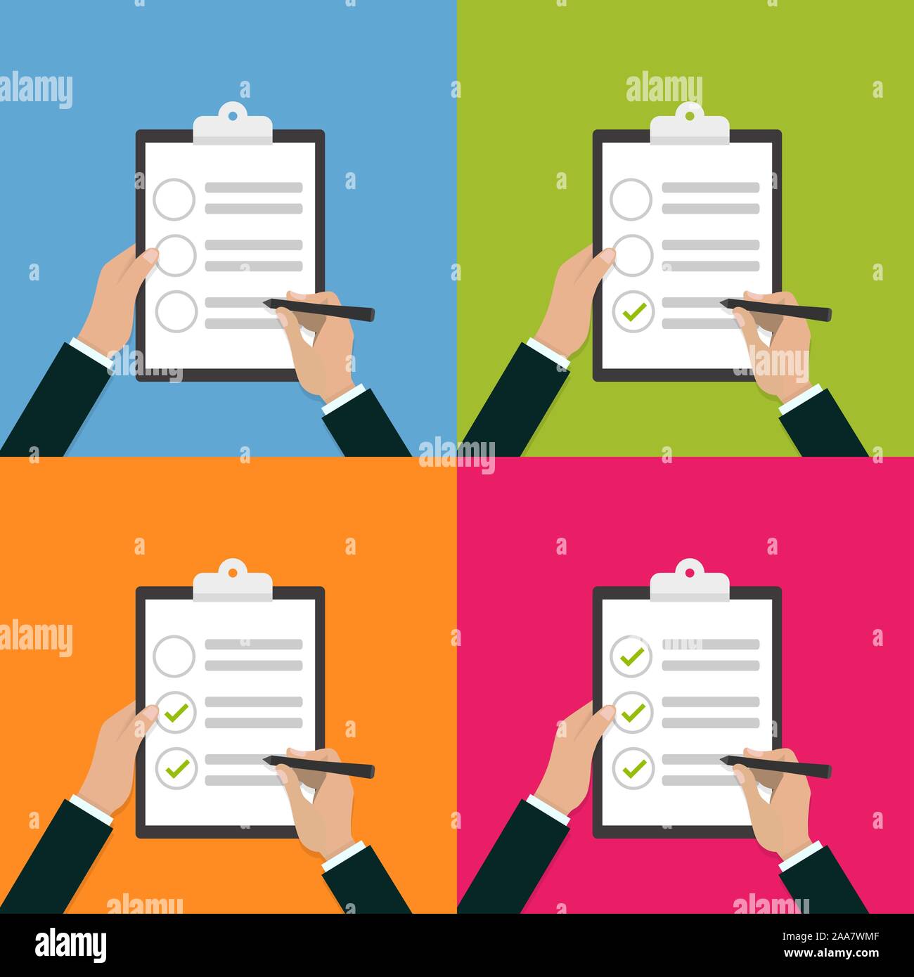 In hands clipboard checklist with pen in flat design. Vector ...
