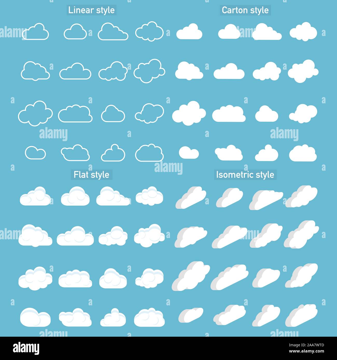 Set of Cloud Icons in trendy in 4 styles. Clouds in flat and carton and ...