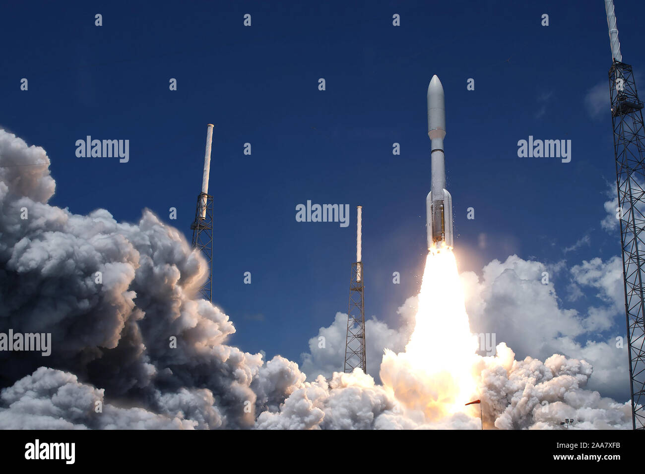 The launch of a space rocket. With smoke and fire. Elements of this ...