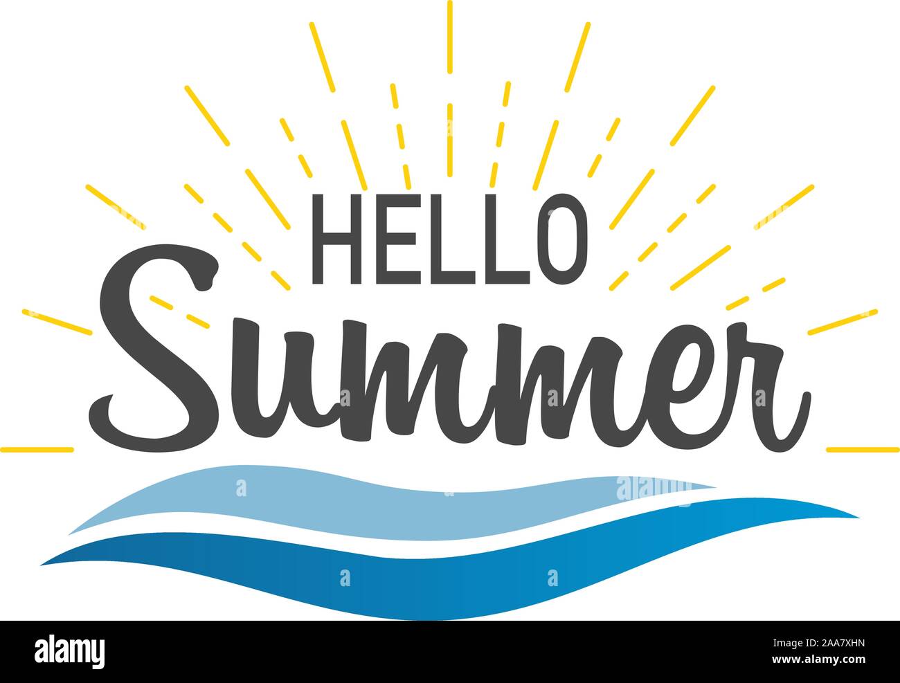 Hello summer. Banner hello summer with sunburst and waves. Sumer ...