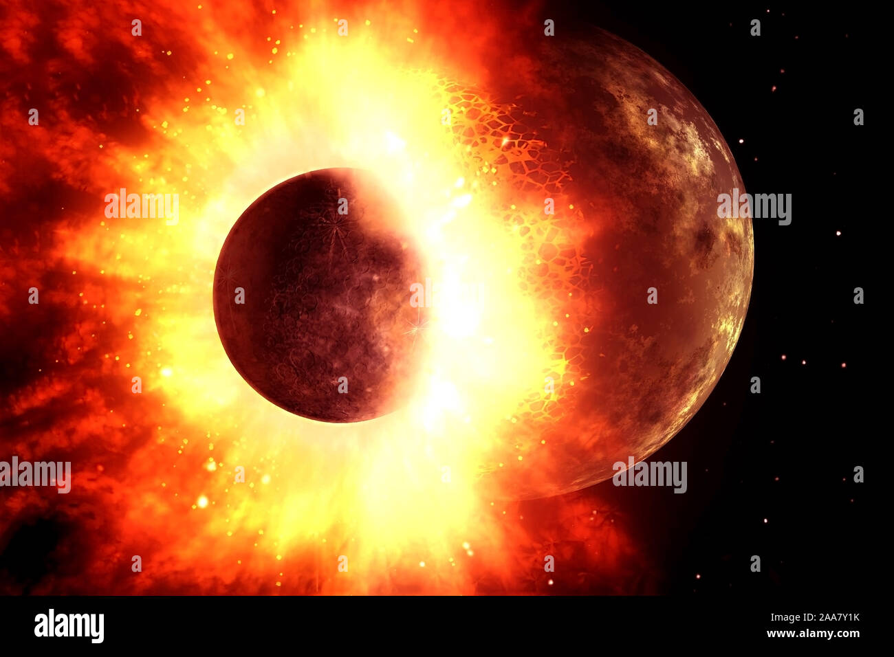 The collision of two planets in space. Elements of this image were ...