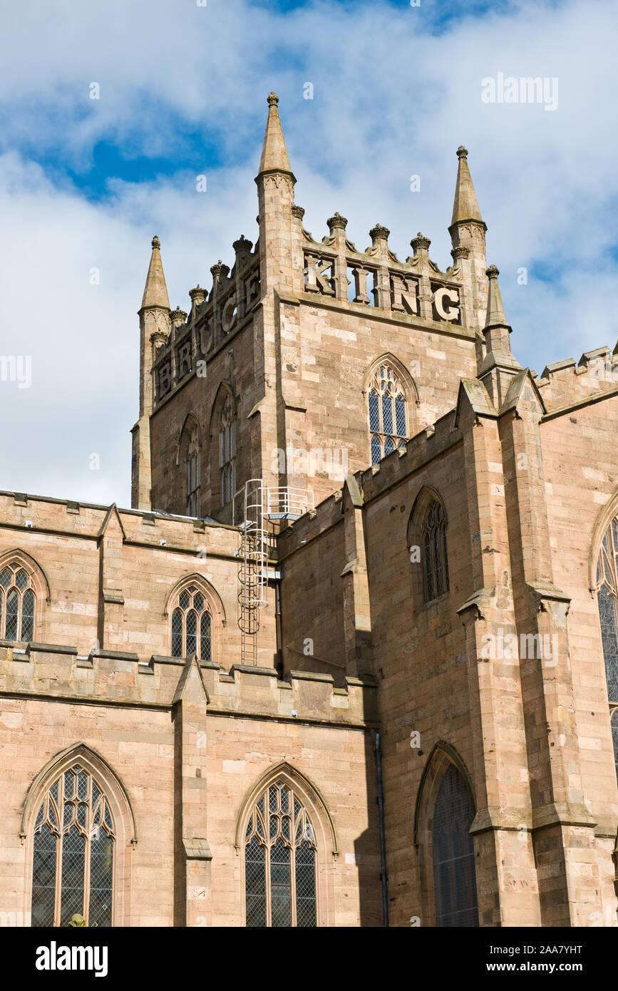 Bruce King carved in stonework at top of main tower. Dunfermline Abbey ...